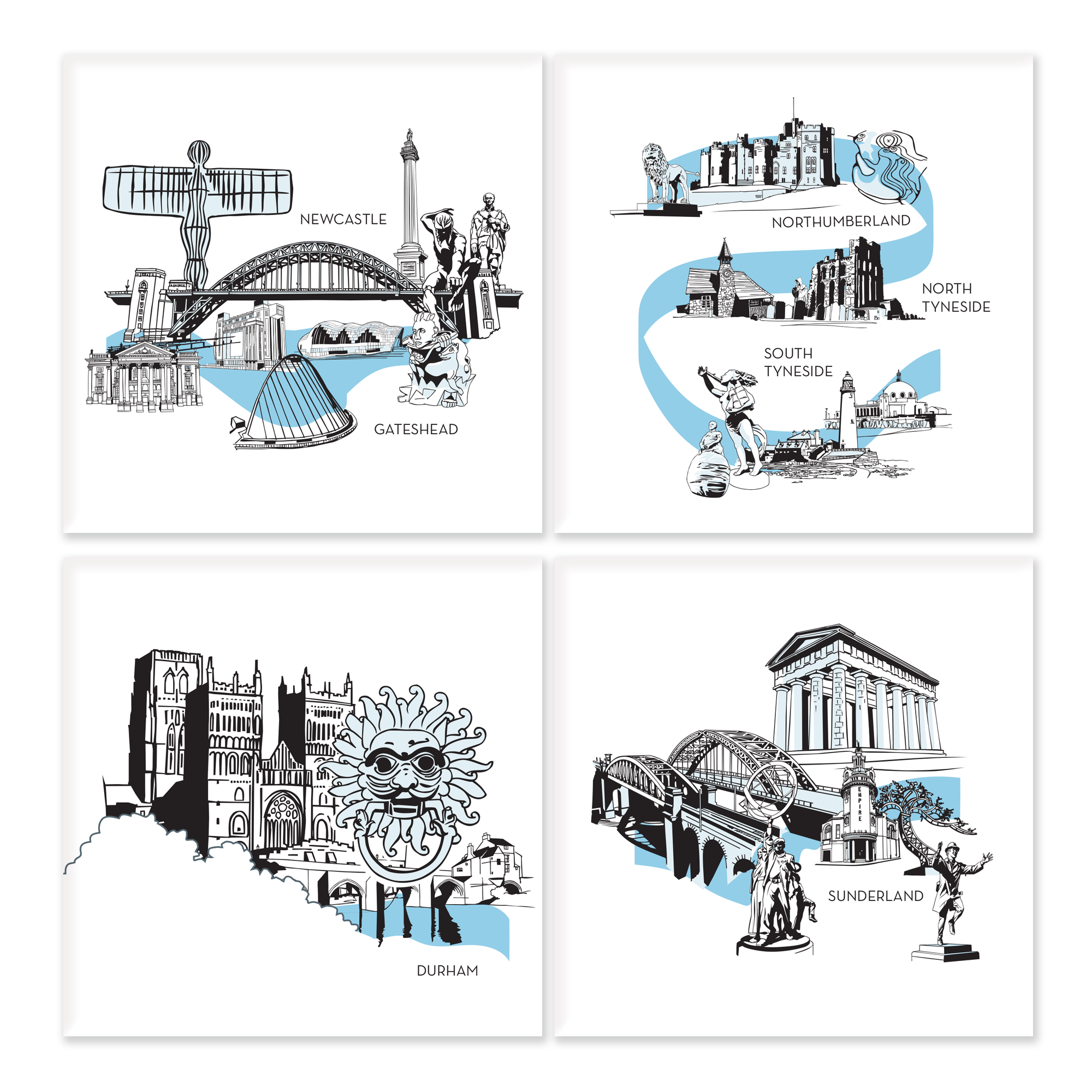 North East England Icons Ceramic Coaster Tiles (x4) - North East Gifts